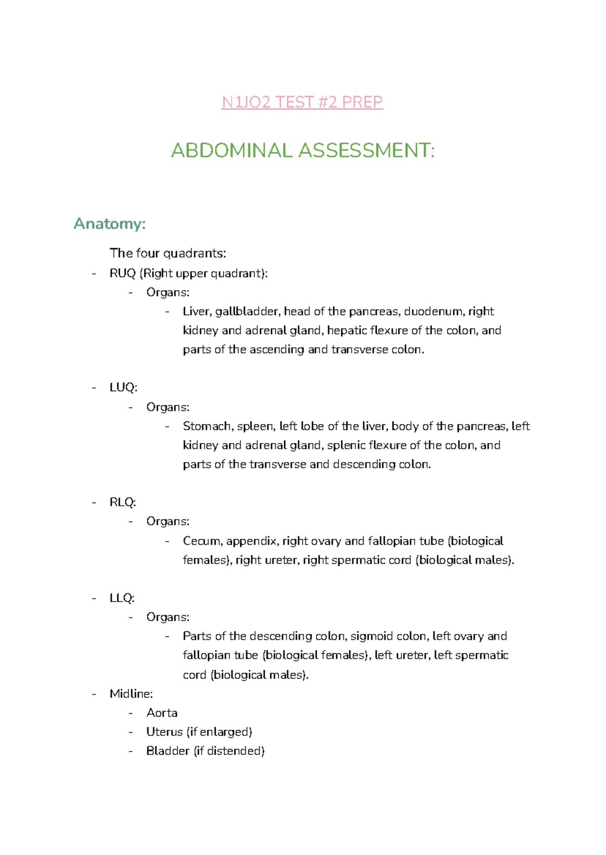 TEST #2 N1J02 Study Sheet - N1JO2 TEST #2 PREP ABDOMINAL ASSESSMENT ...