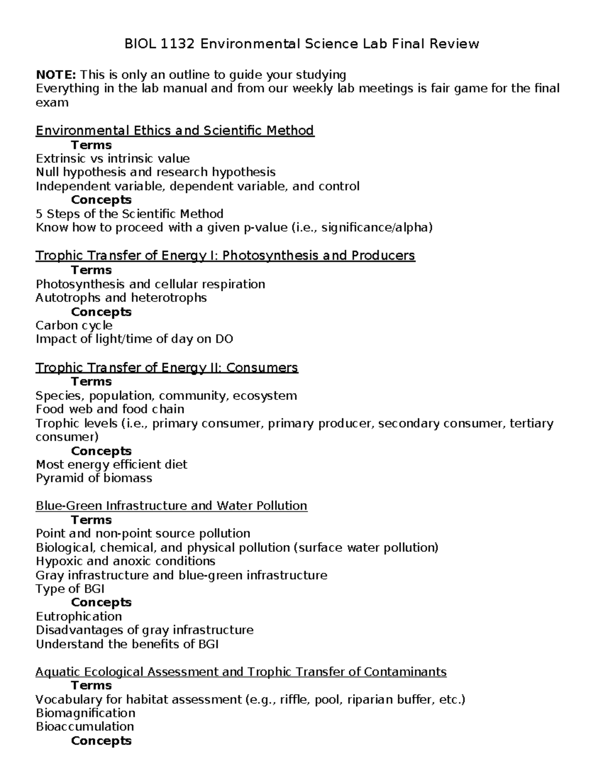 BIOL 1132 Environmental Science Lab Final Exam Study Outline - Studocu