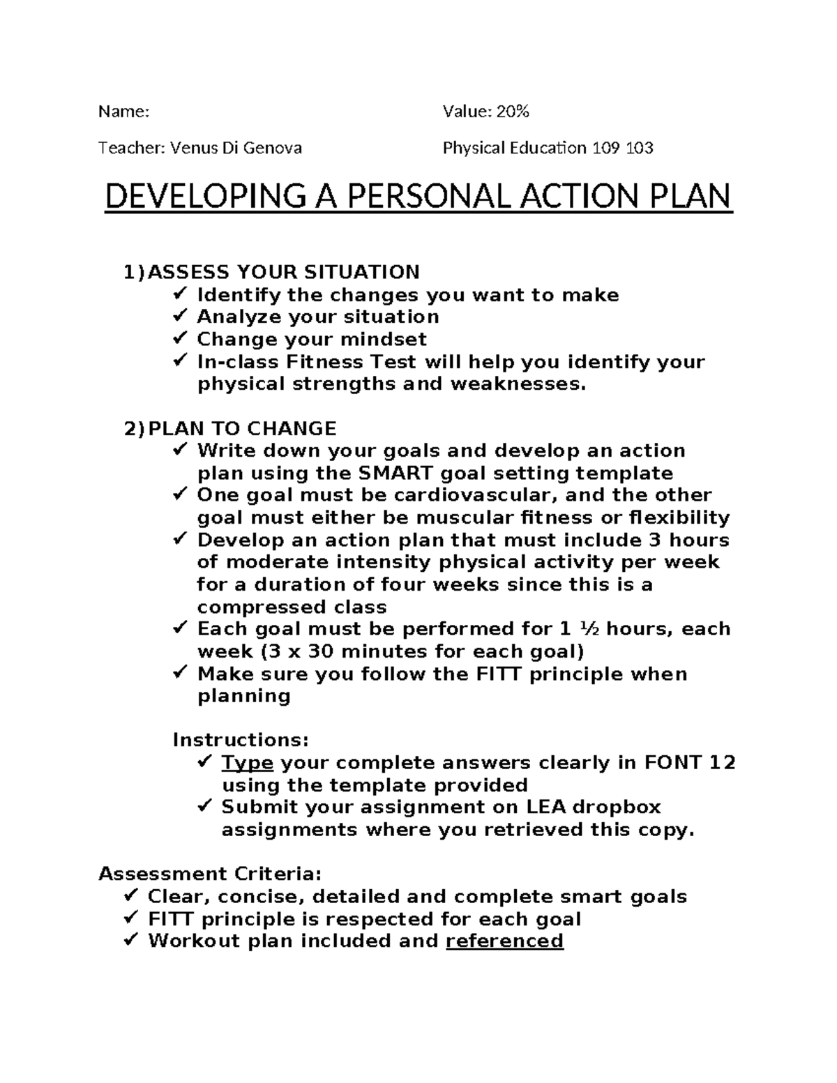 PE 109: Assignment 1 - Personal Fitness Action Plan Development - Studocu