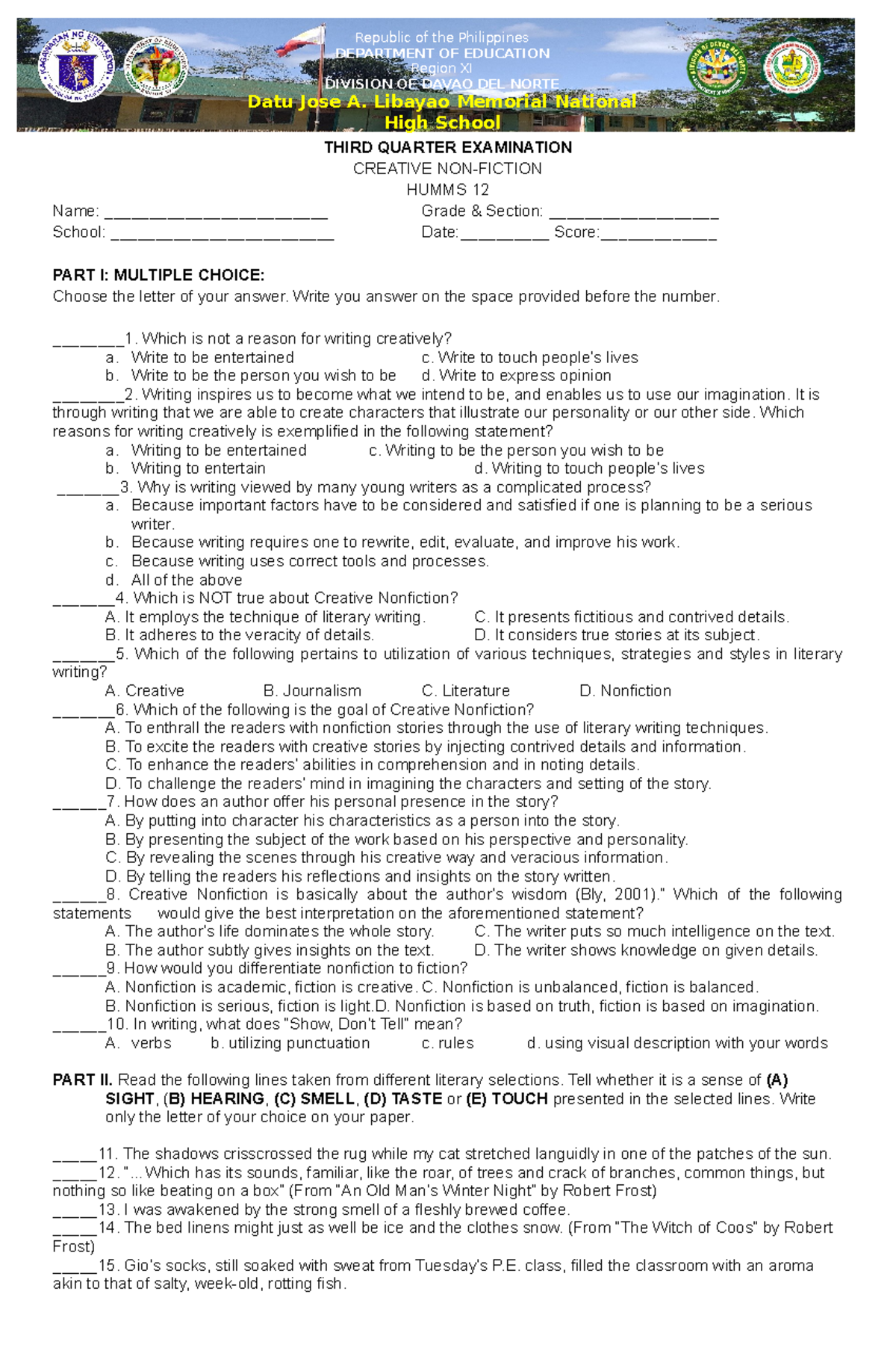 Creative NON Fiction - THIRD QUARTER EXAMINATION CREATIVE NON-FICTION ...