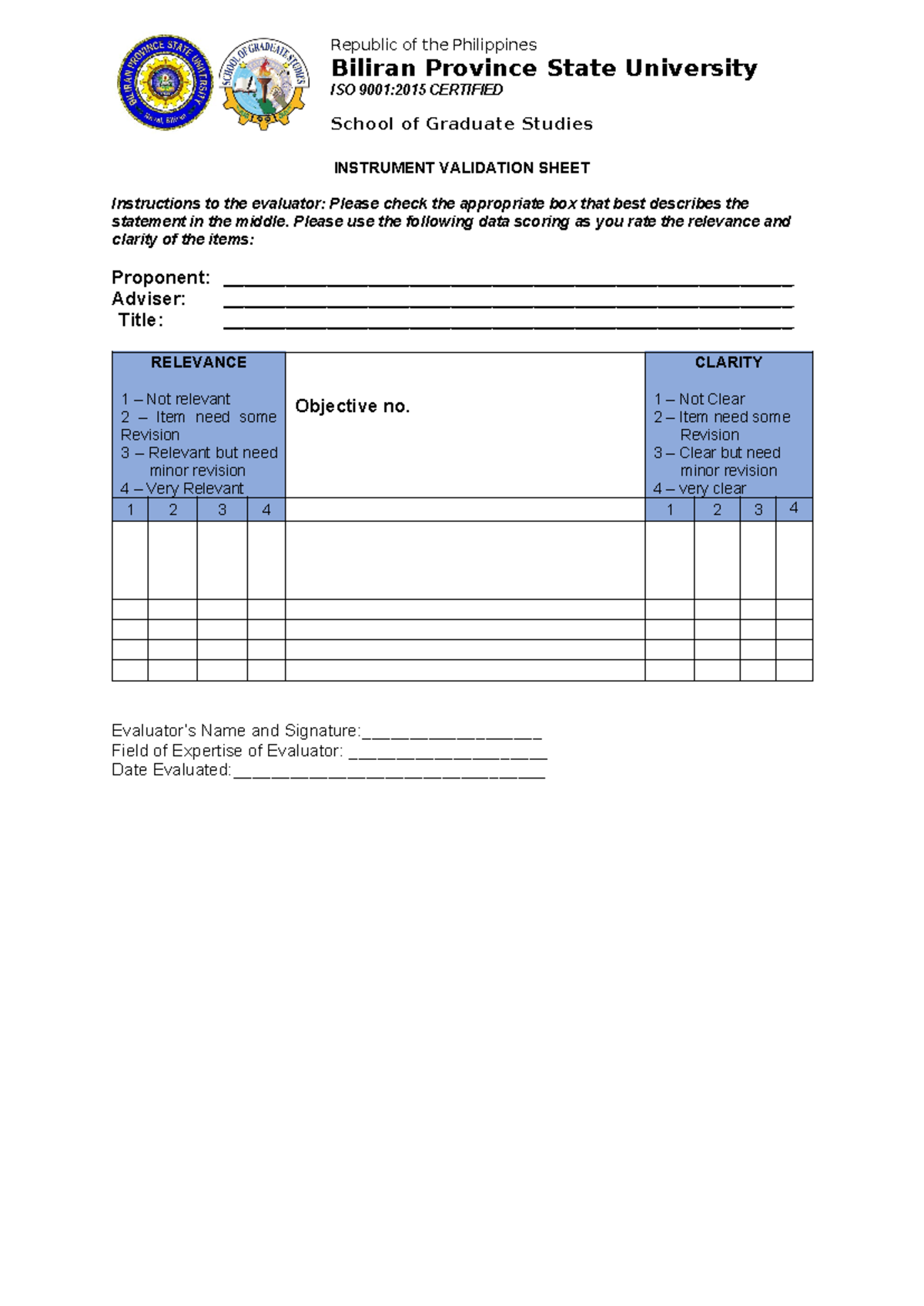 Questionnaire Validation Sheet for Instrument Evaluation Form - Studocu