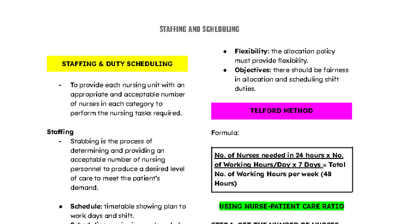 Staffing and Scheduling in Nursing: Lecture Notes - Studocu