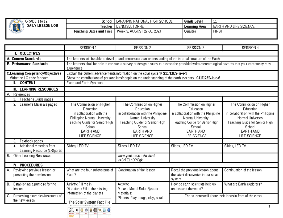 Grade 11 Earth & Life Science: Week 5 Daily Lesson Log - Studocu