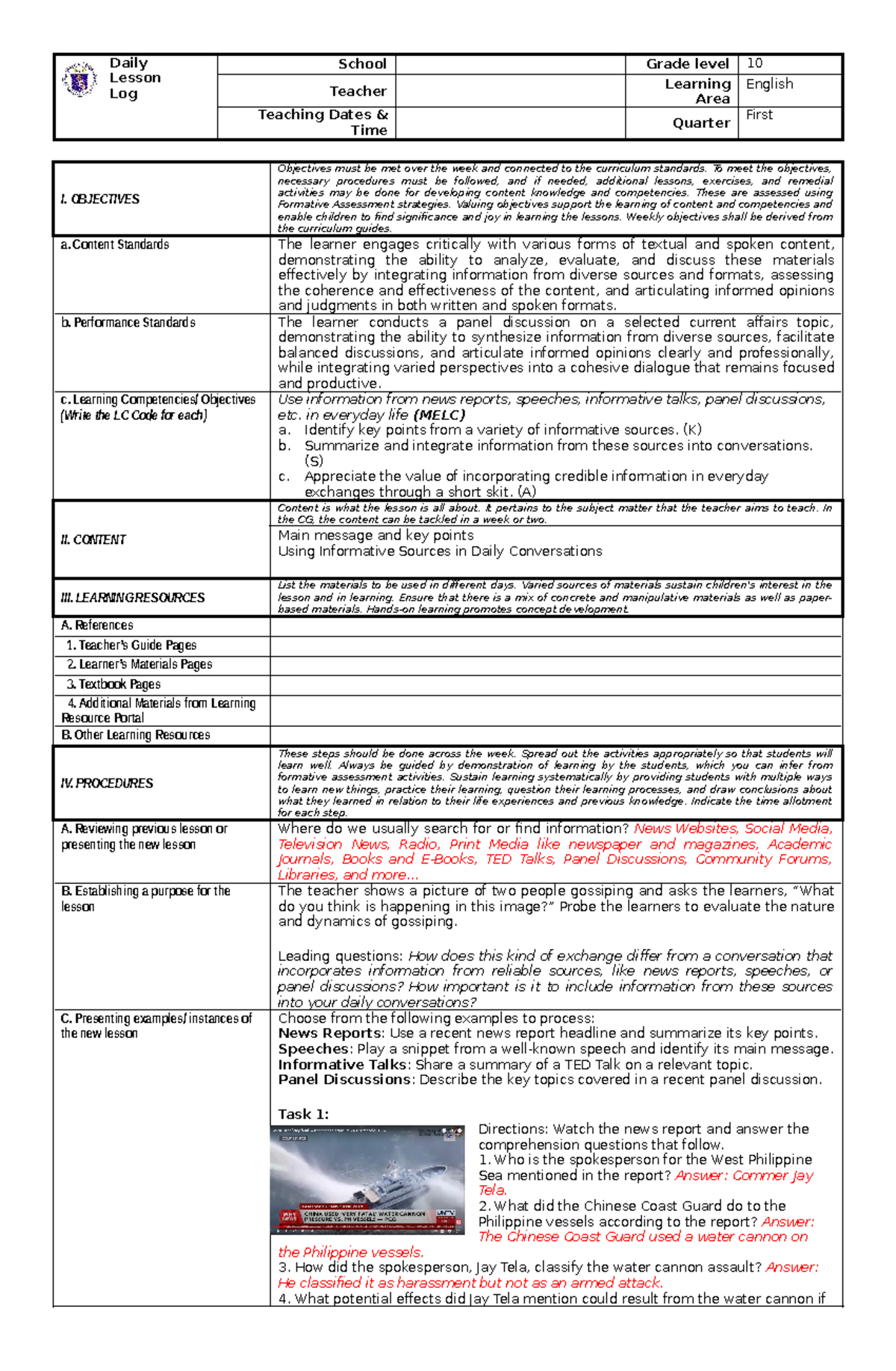 Deped Daily Lesson Log Grade 10 MELC 1 (Daily Vertical Format) - Daily ...
