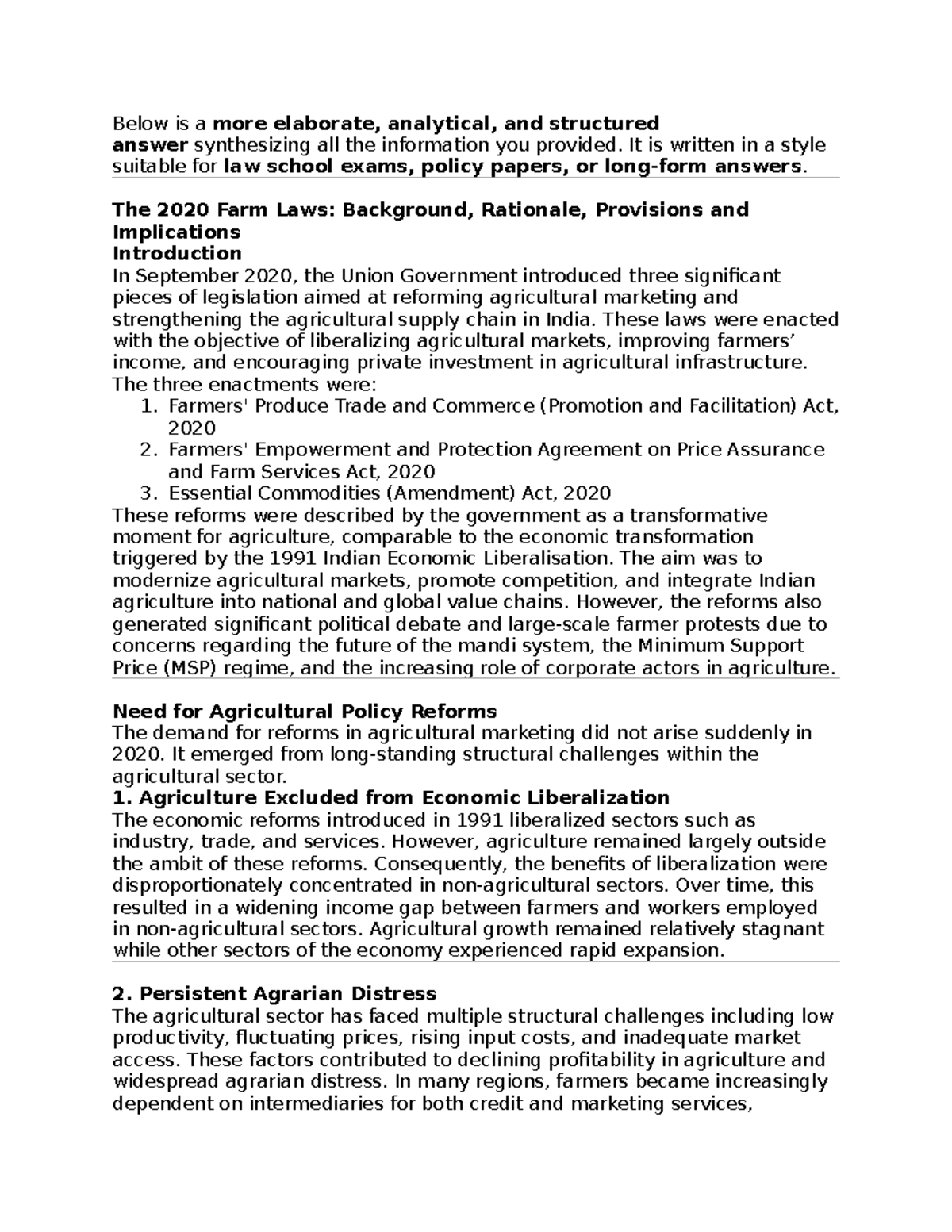 2020 Farm Laws: Analysis of Background, Provisions & Implications - Studocu