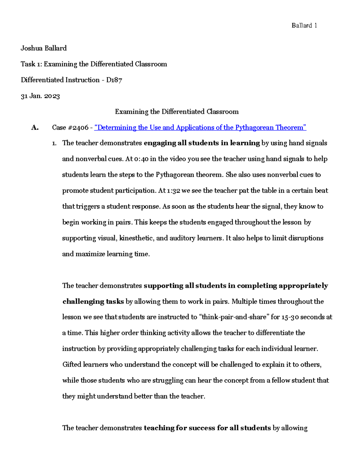 TASK 1 - Examining The Differentiated Classroom - Joshua Ballard Task 1: Examining the - Studocu