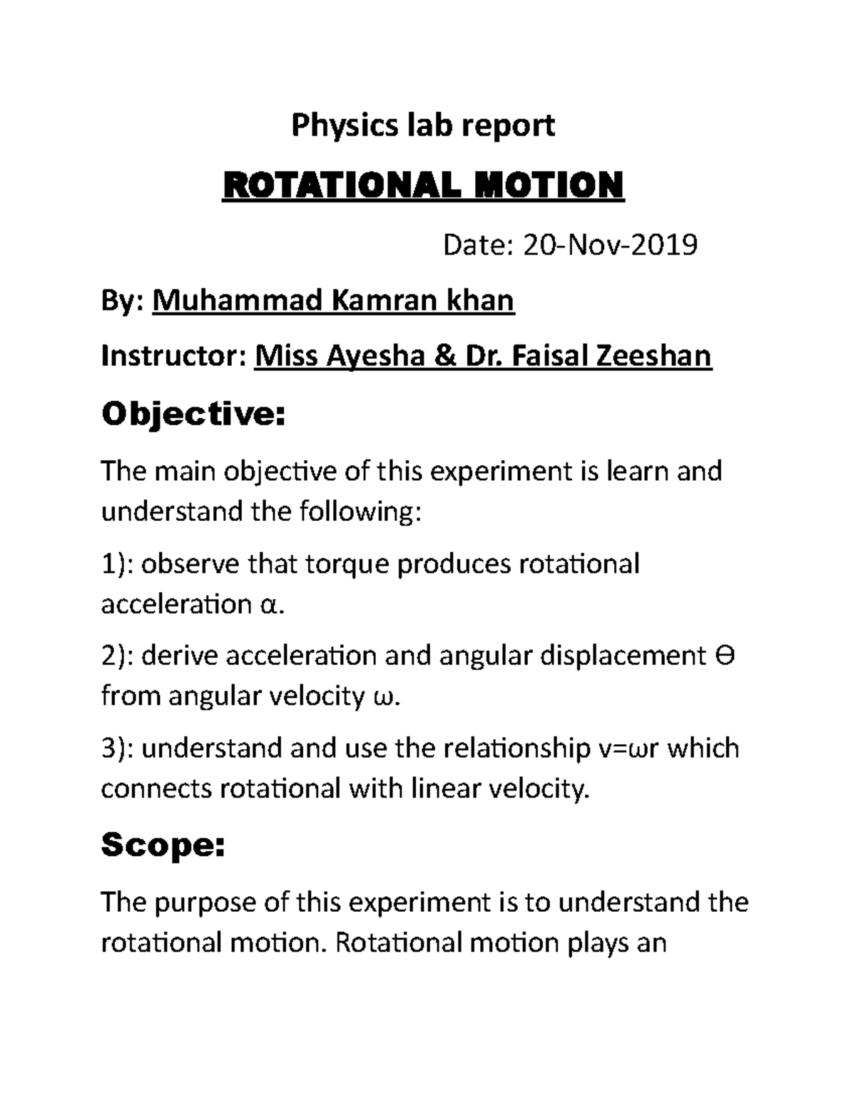 Physics lab report 7 (rotational motion) - Physics lab report ROTATIONAL MOTION Date: 20-Nov- By ...