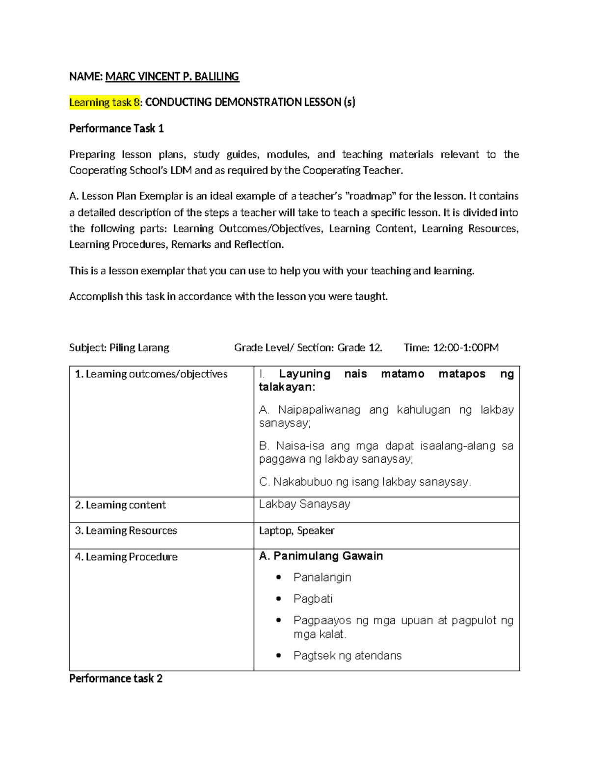 Baliling Assignment - TEACHER INTERN - NAME: MARC VINCENT P. BALILING ...