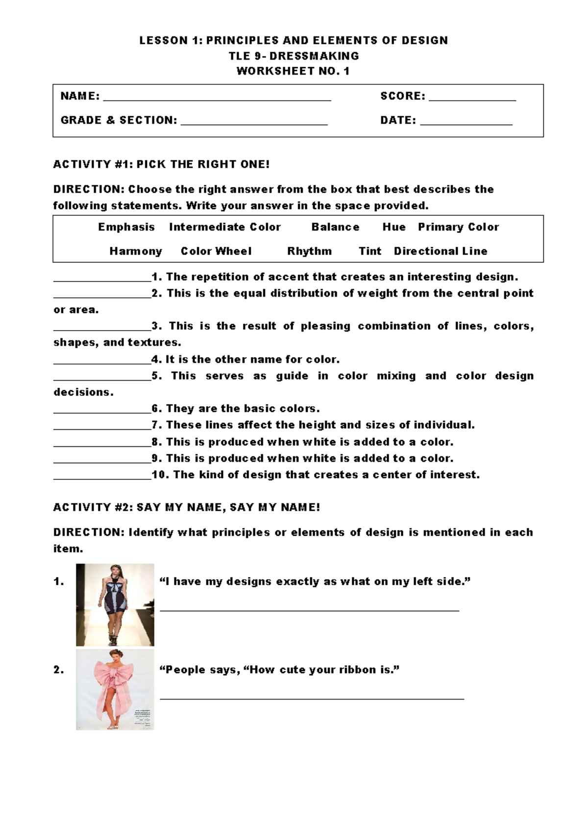 G9-TLE Worksheet 1: Design Principles & Elements Lesson 1 - Studocu