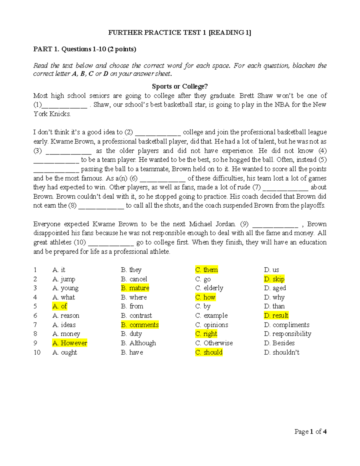 Further Practice Test 1: Key Answers and Explanations - Studocu