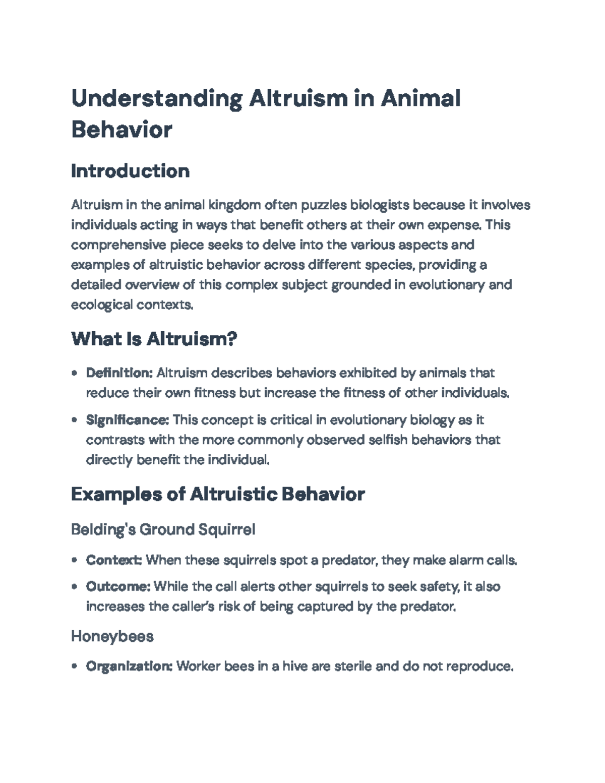 Understanding Altruism in Animal Behavior: Evolutionary Insights (BIO ...