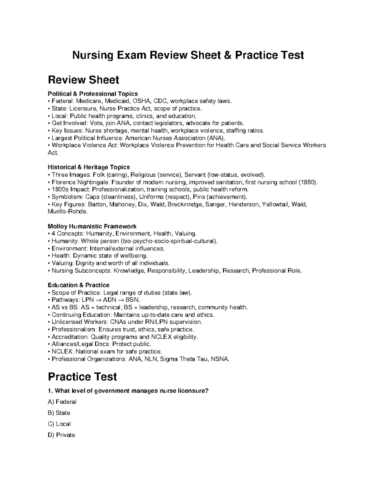 NUR 101 Nursing Exam Review Sheet & Practice Test Guide - Studocu