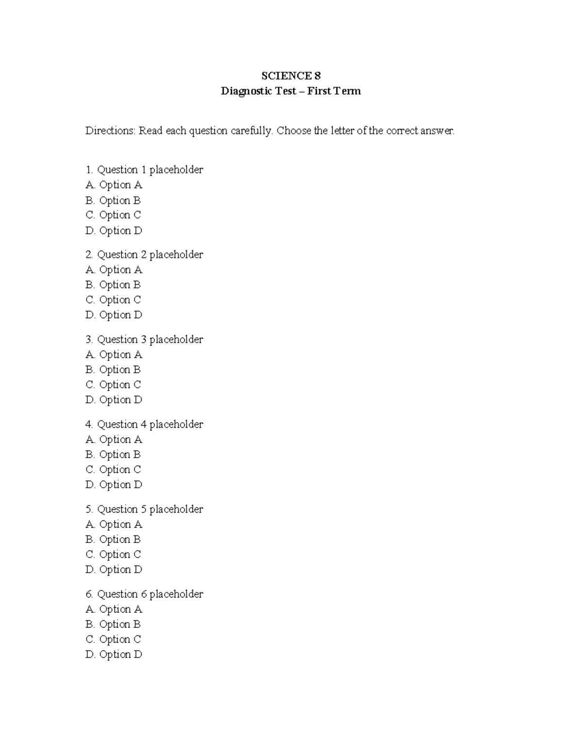 SCIENCE 8 Diagnostic Test - First Term Questions and Answers - Studocu