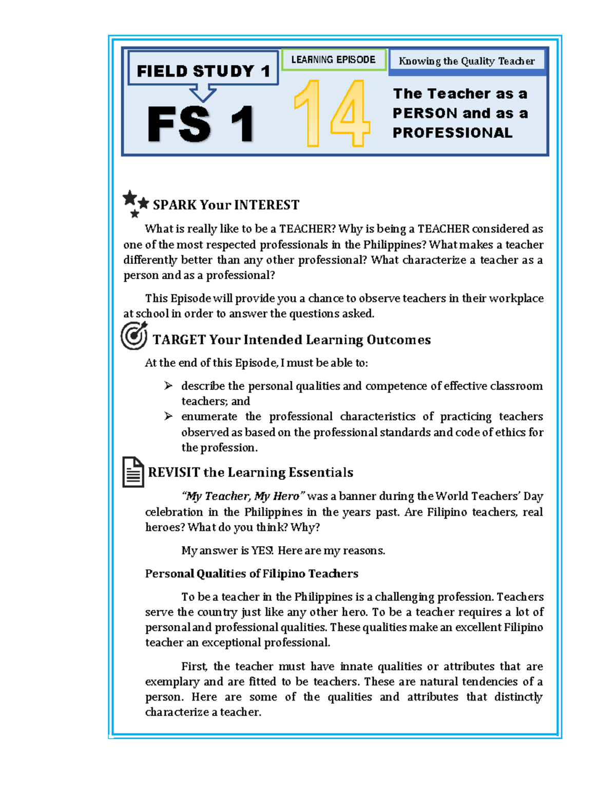 Field Study 1: Understanding the Qualities of a Professional Teacher ...