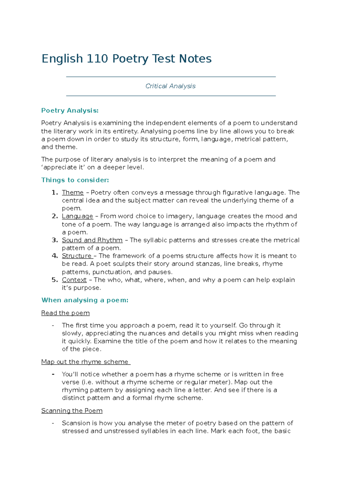 English 110 Notes Test - Poetry and Critical Analysis - English 110 ...