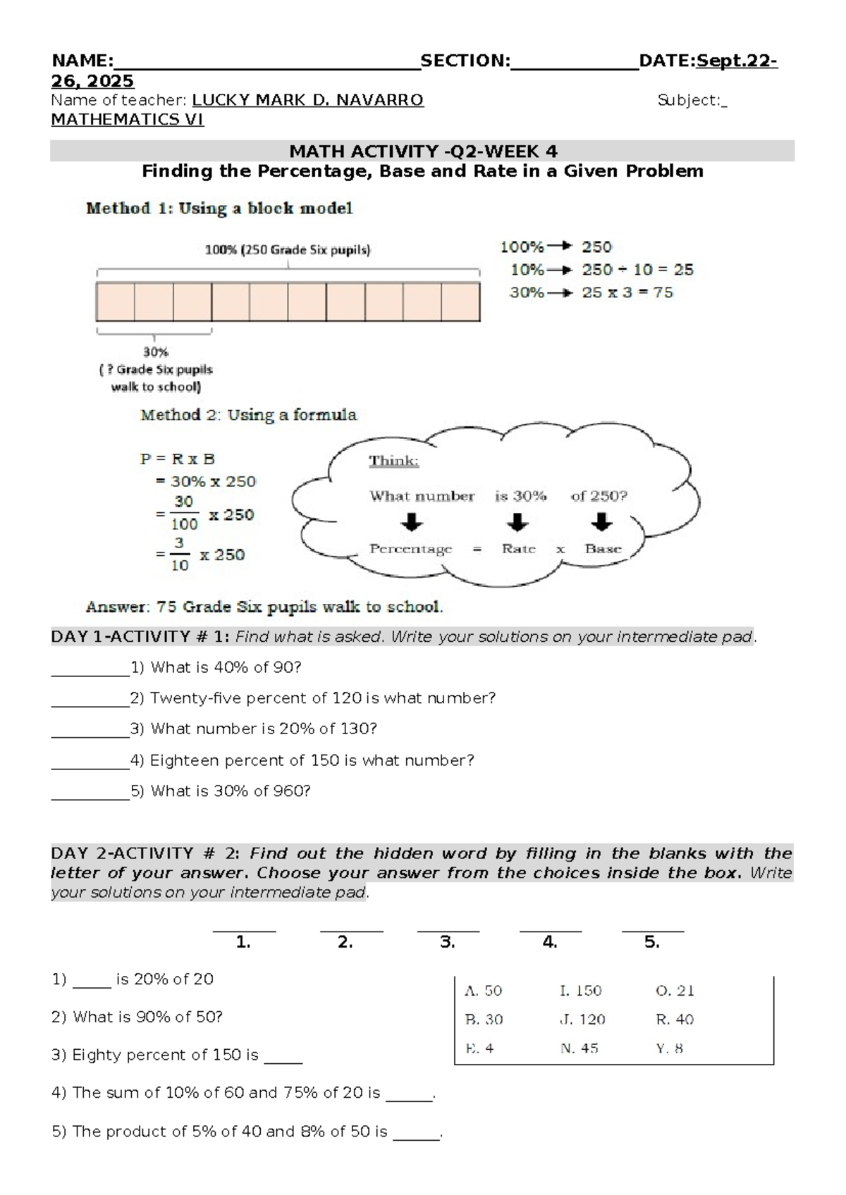 MATH VI Activity 4: Finding Percentage, Base & Rate - Studocu