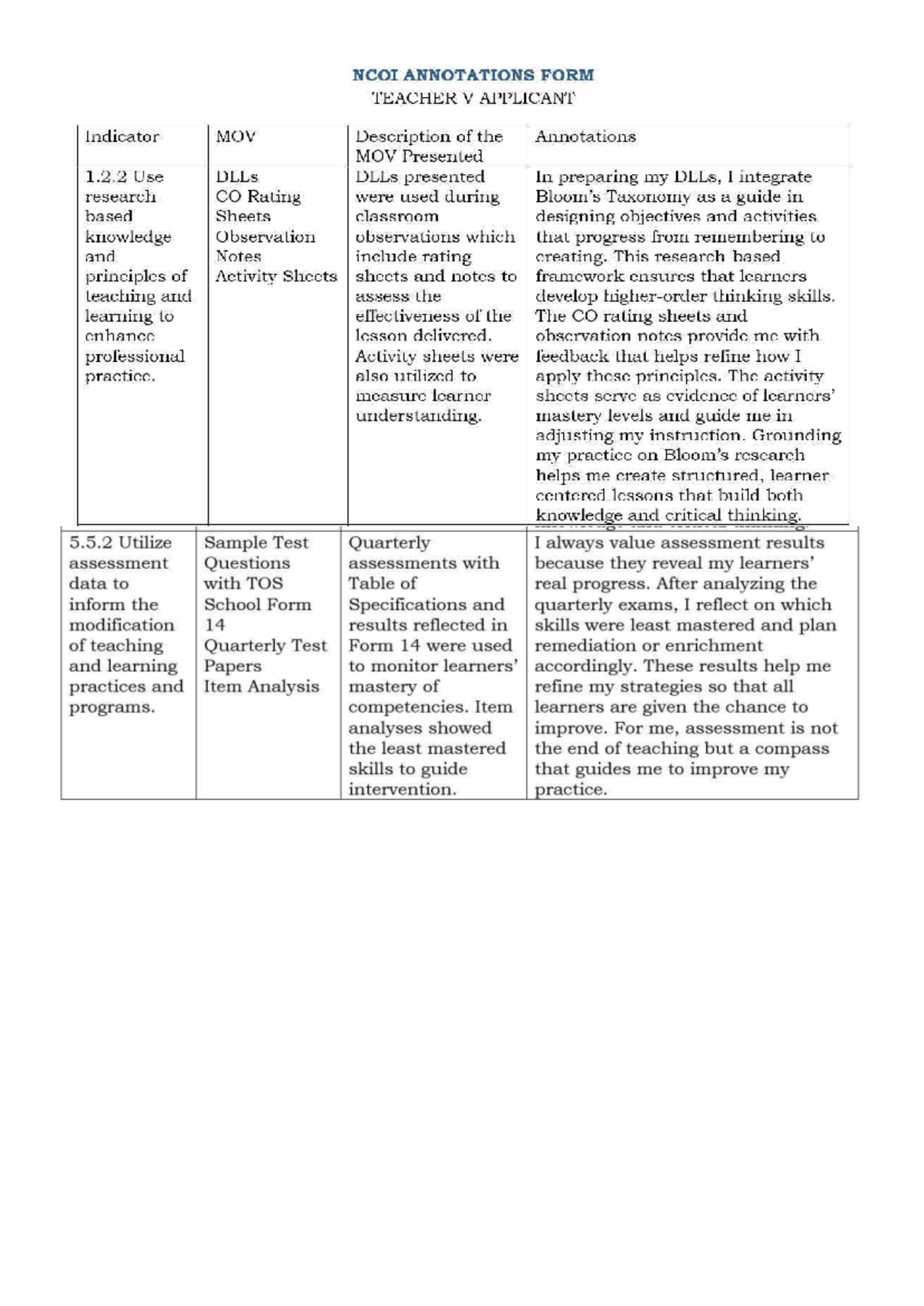 TV NCOI Annotations for Teacher V Applicant: Assessment & DLLs - Studocu