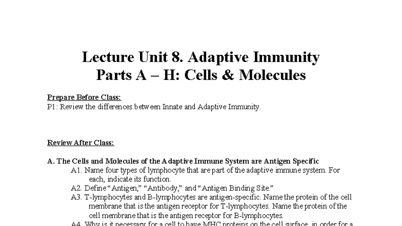 BIO-205 Lecture Unit 8: Study Guide on Adaptive Immunity - Studocu
