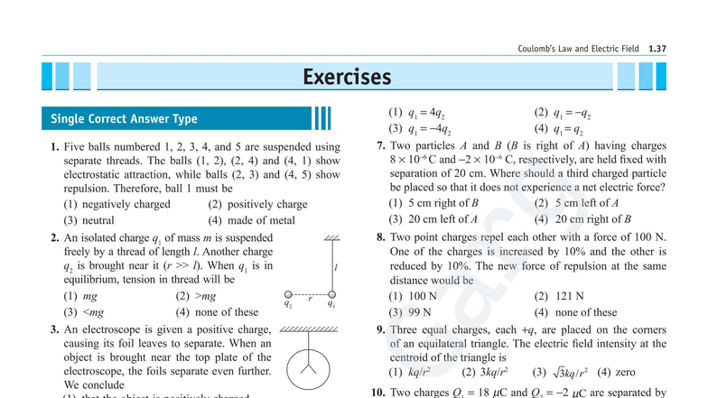 Coulomb's Law and Electric Field Exercises (1.37) - Studocu