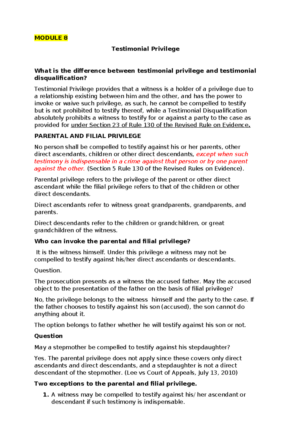 Module 8: Testimonial Privilege & Evidence Rules - Notes - Studocu