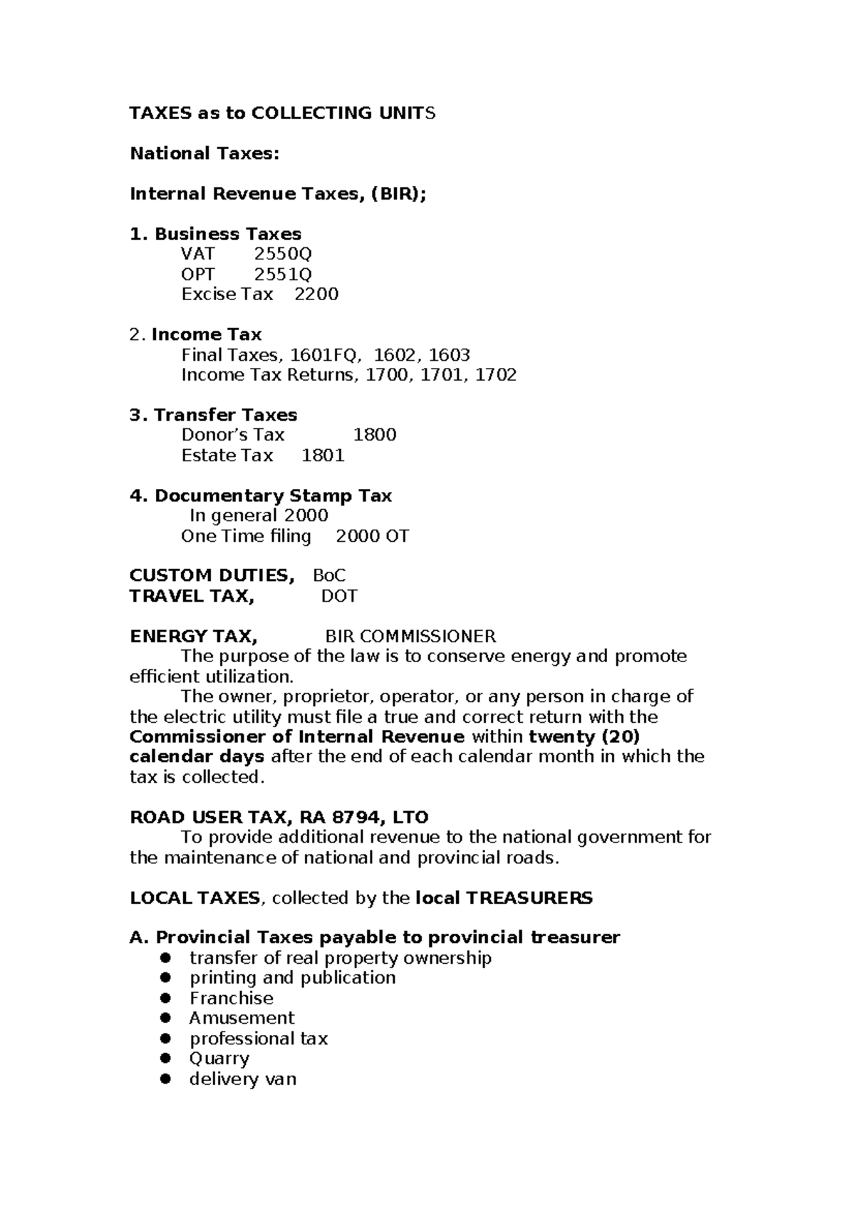TAXES on COLLECTING UNITS: Overview of National and Local Taxes - Studocu