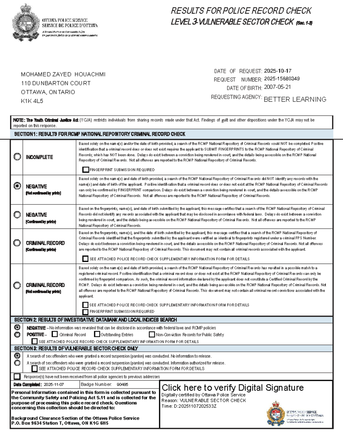 Police Record Check Results - Vulnerable Sector Check (BKG 15680349 ...