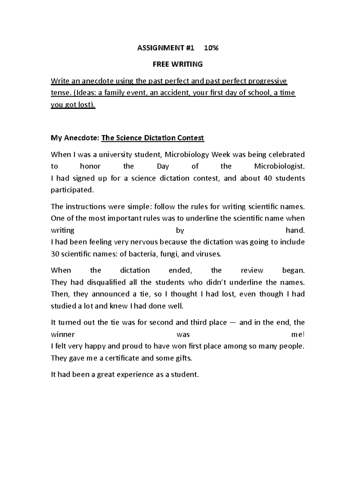 Assignment #1: Anecdote Writing in Past Perfect Tenses - Studocu
