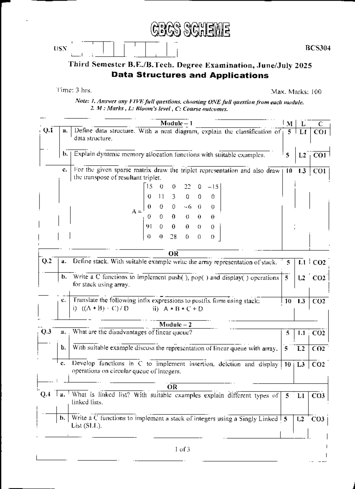 BCS304 Data Structures & Applications - 3rd Sem Exam Paper 2025 - Studocu
