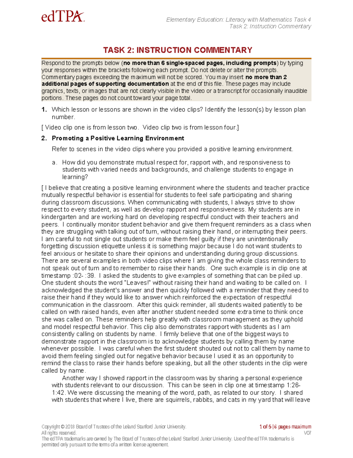 edTPA Elementary Task 2: Instruction Commentary & Analysis - Studocu