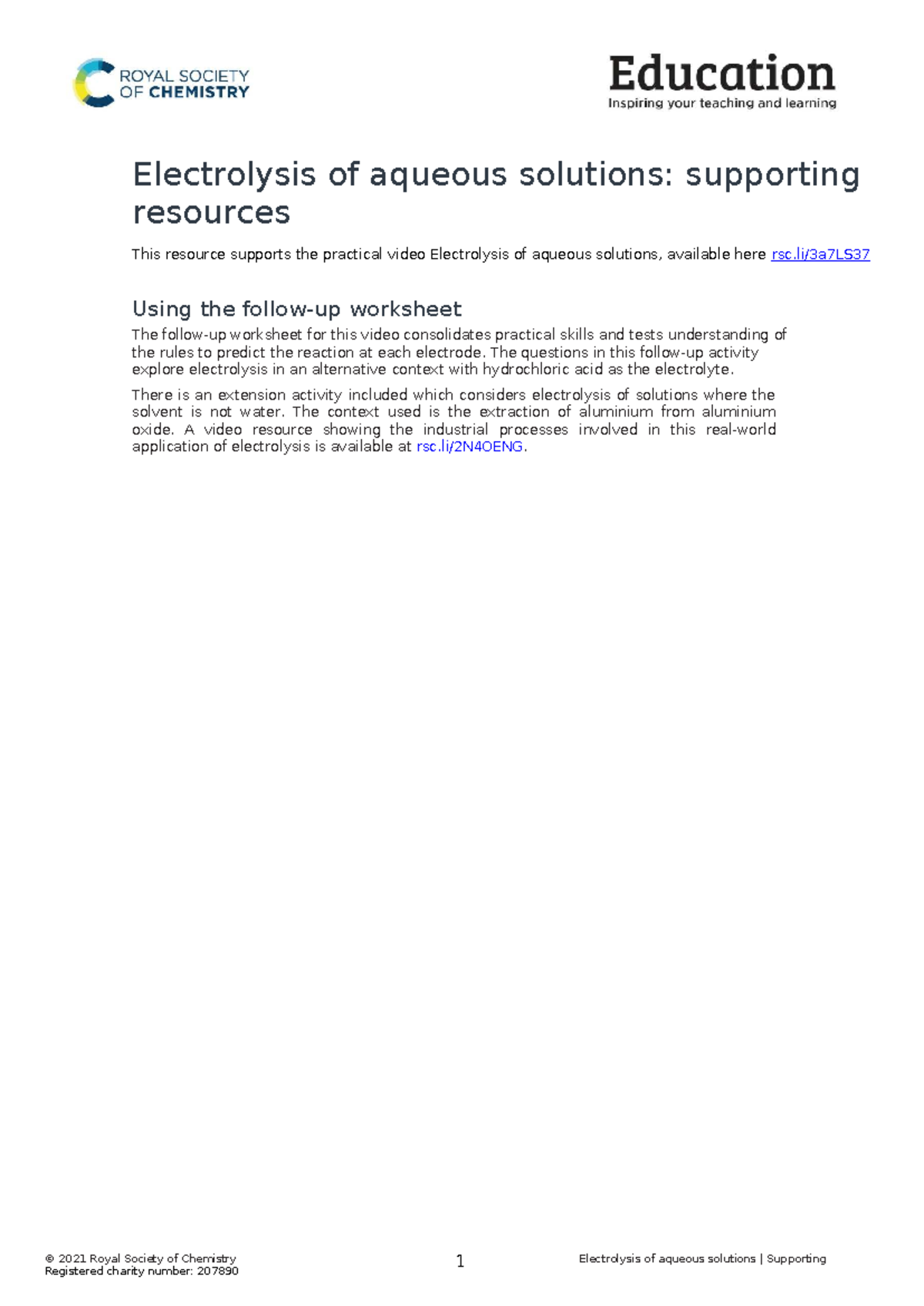 Electrolysis of Aqueous Solutions: Supporting Resources Worksheet ...