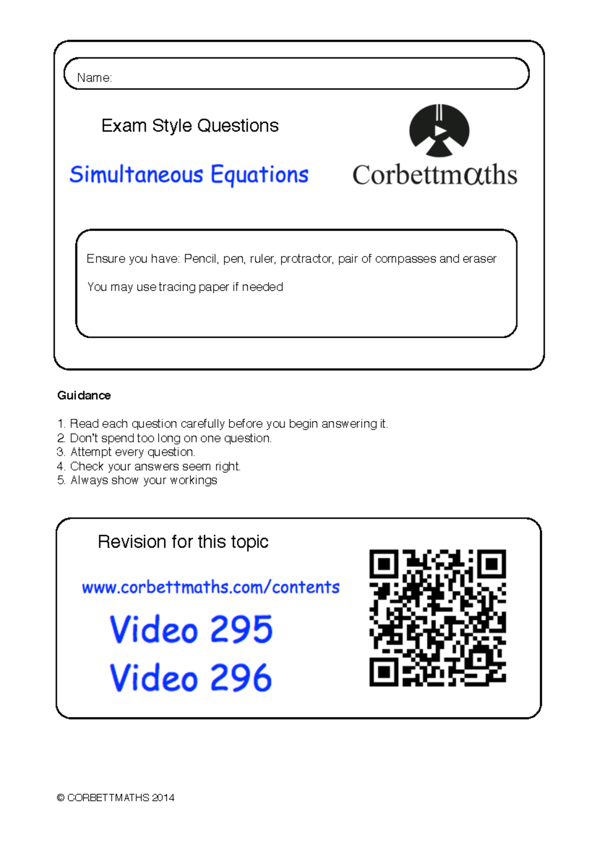 Simultaneous Equations Exam Style Questions - CORBETTMATHS 2014 - Studocu