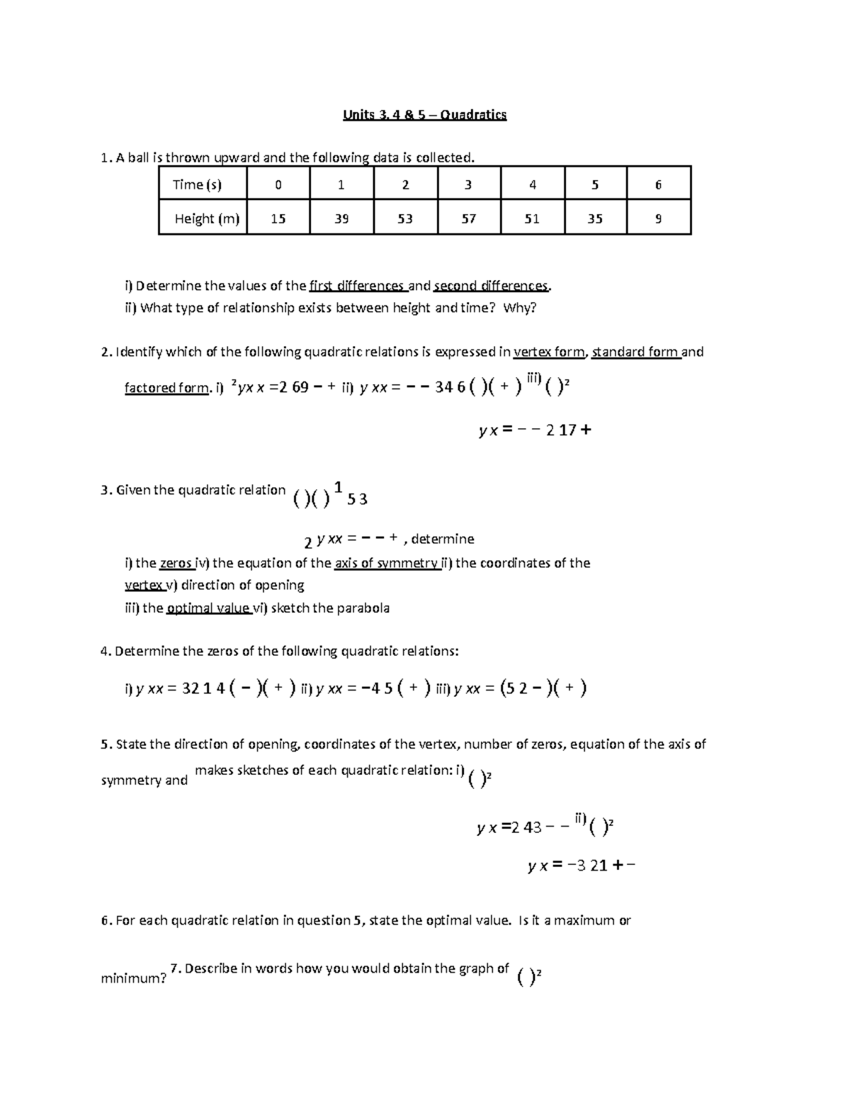 Grade 10 Math Exam Review: Quadratics Units 3, 4, 5 - Studocu