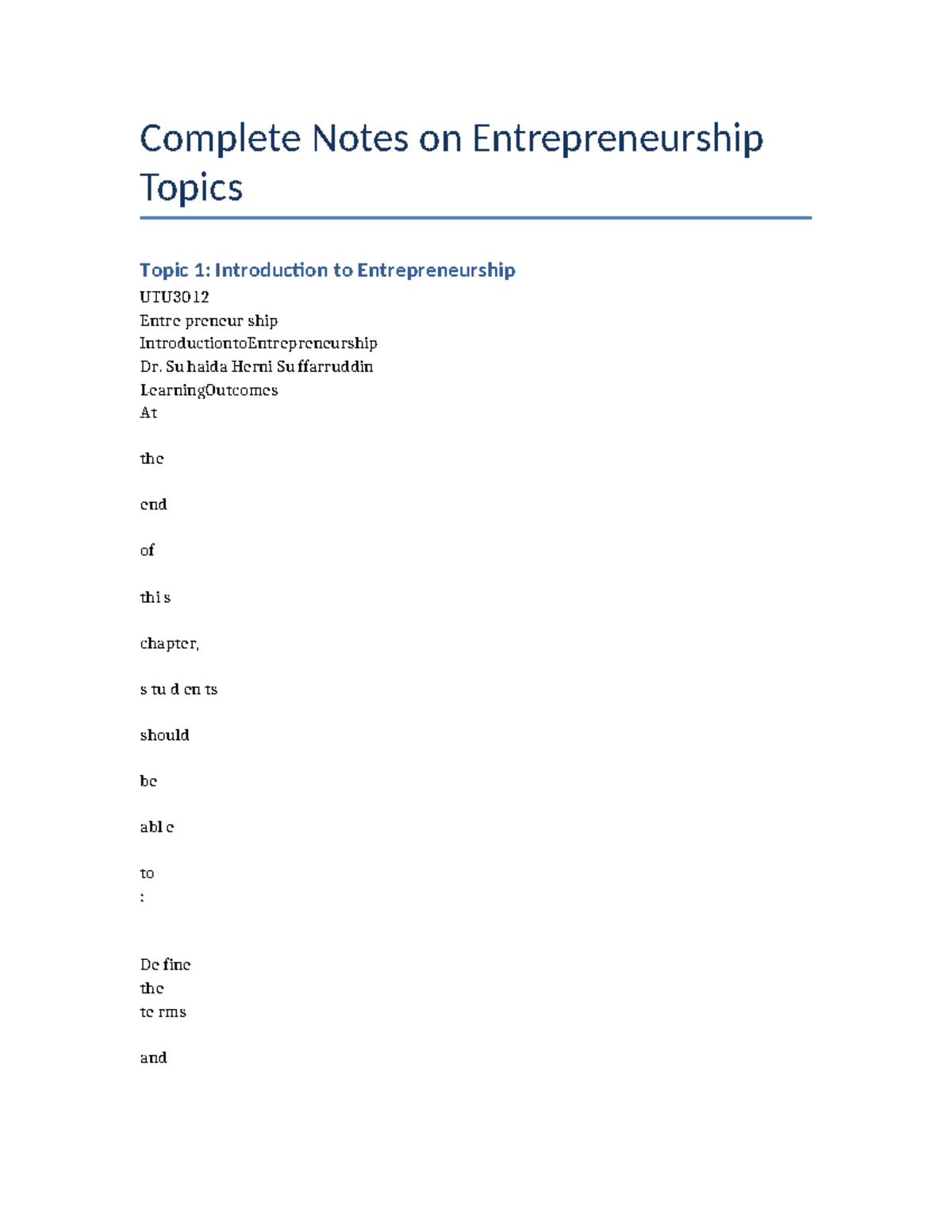 Entrepreneurship Notes: Introduction to Entrepreneurship UTU3012 - Studocu