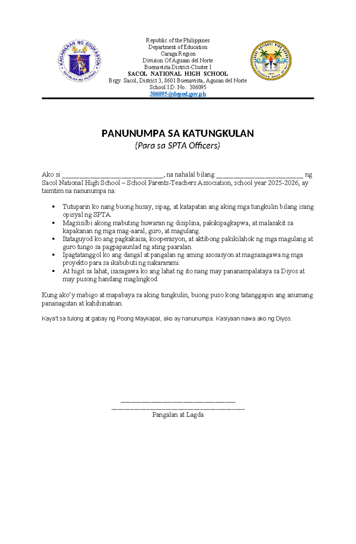 SACOL NATIONAL HIGH SCHOOL Panunumpa sa Katungkulan Templates 2025 ...