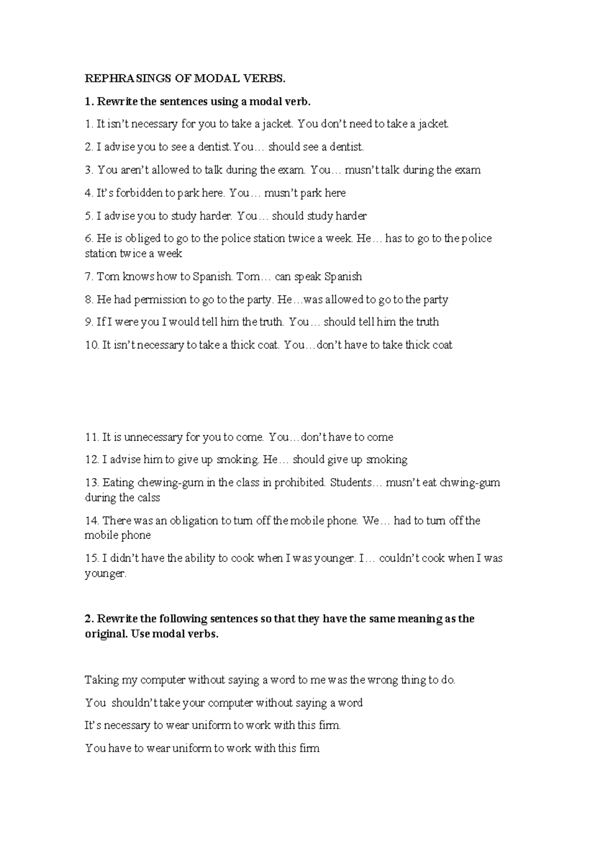Rephrasing Modal Verbs: Exercises and Solutions - Studocu