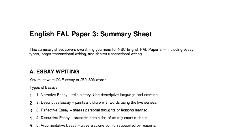 English FAL Paper 3: Comprehensive Summary Guide - Studocu
