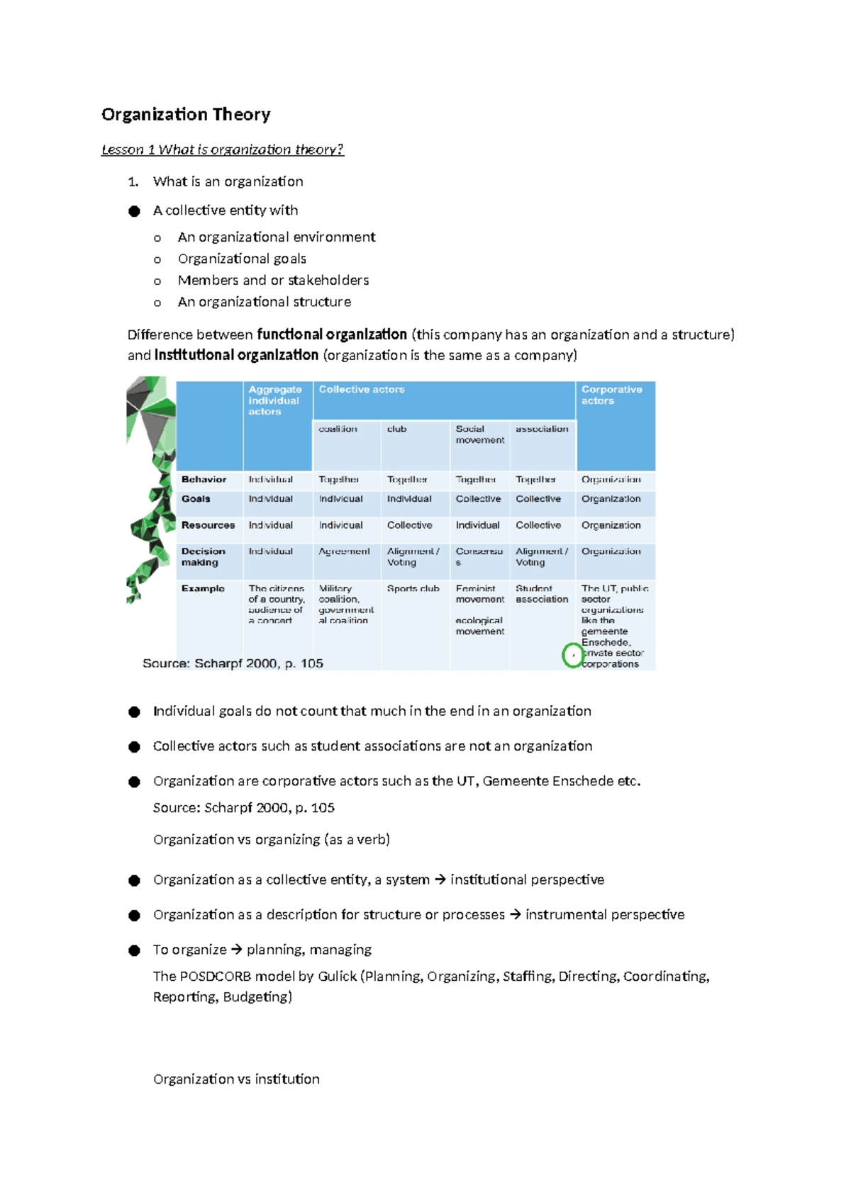 OT Summary - Organization Theory Lessons and Key Concepts - Studeersnel