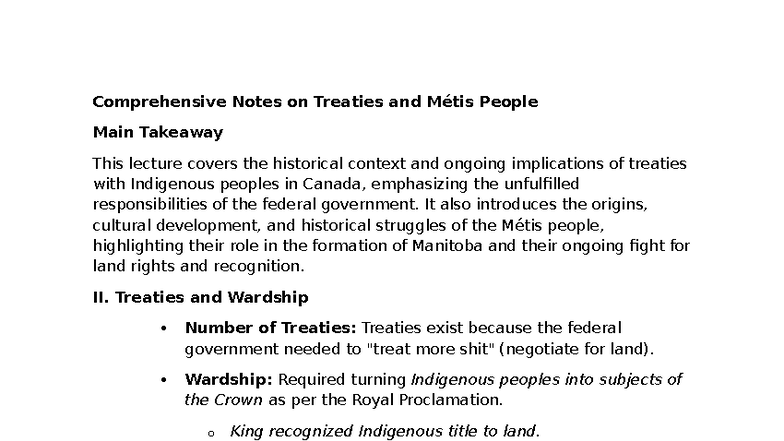INDG 1200 notes on treaties and Metis People - Comprehensive Notes on ...