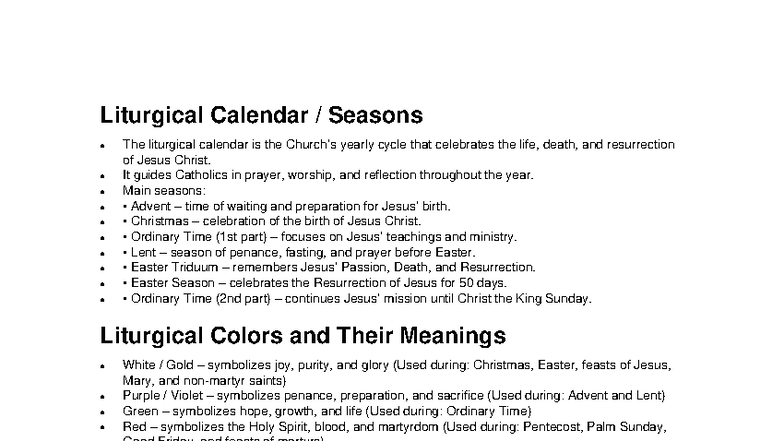 Liturgical Calendar & Colors: Seasons of the Church Year - Studocu