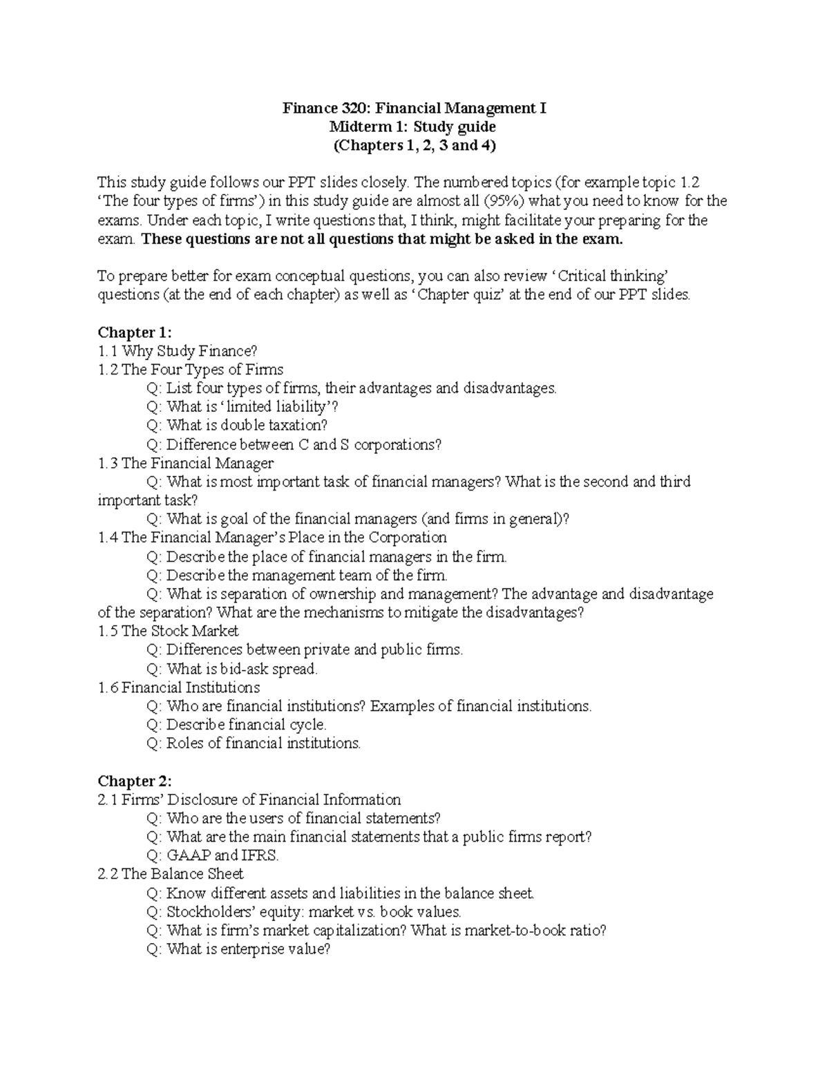 Fin320 midterm 1 - study guide - Finance 320: Financial Management I ...