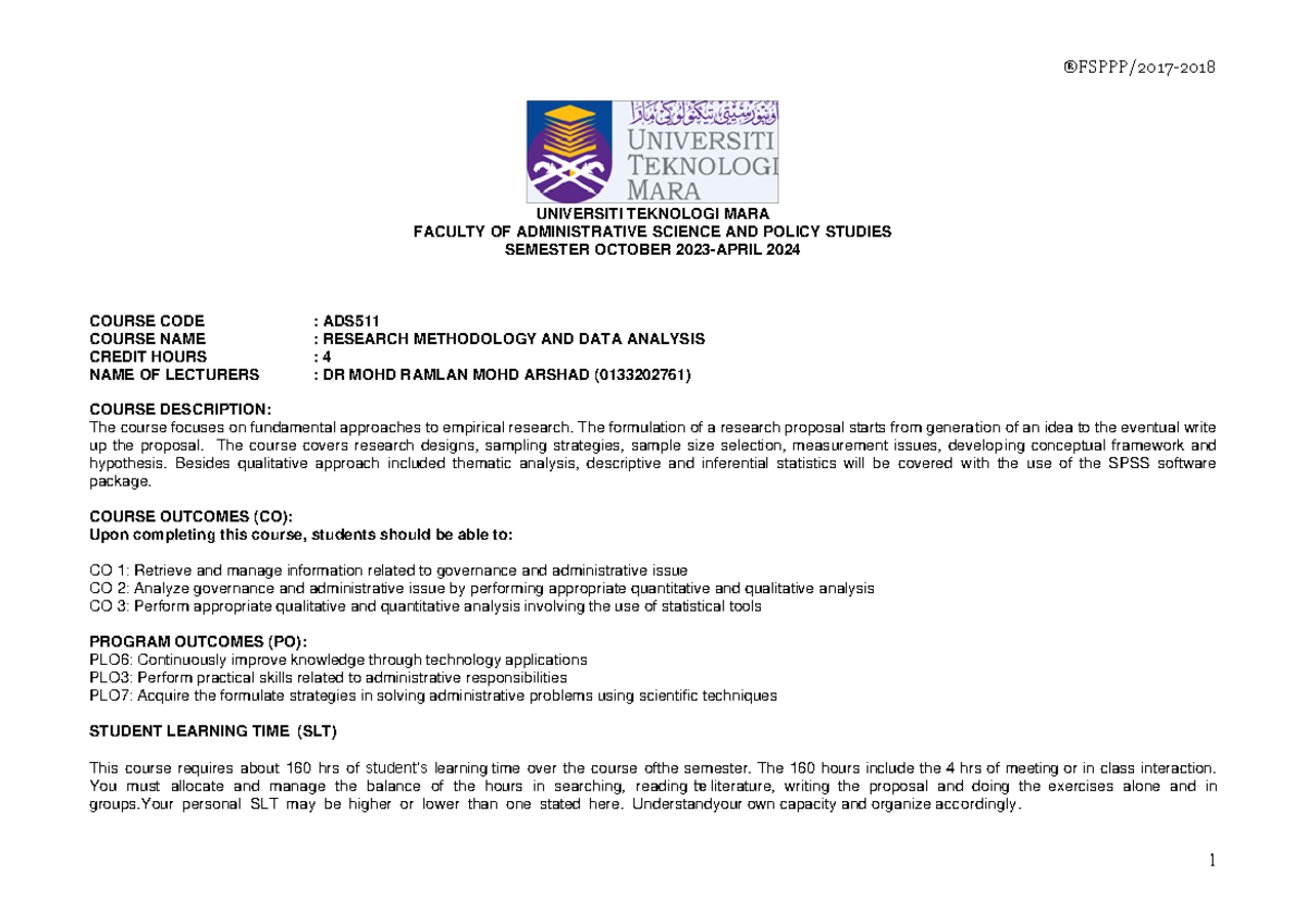 Pemurnian 1: SOW for Research Methodology and Data Analysis (ADS511) - Studocu