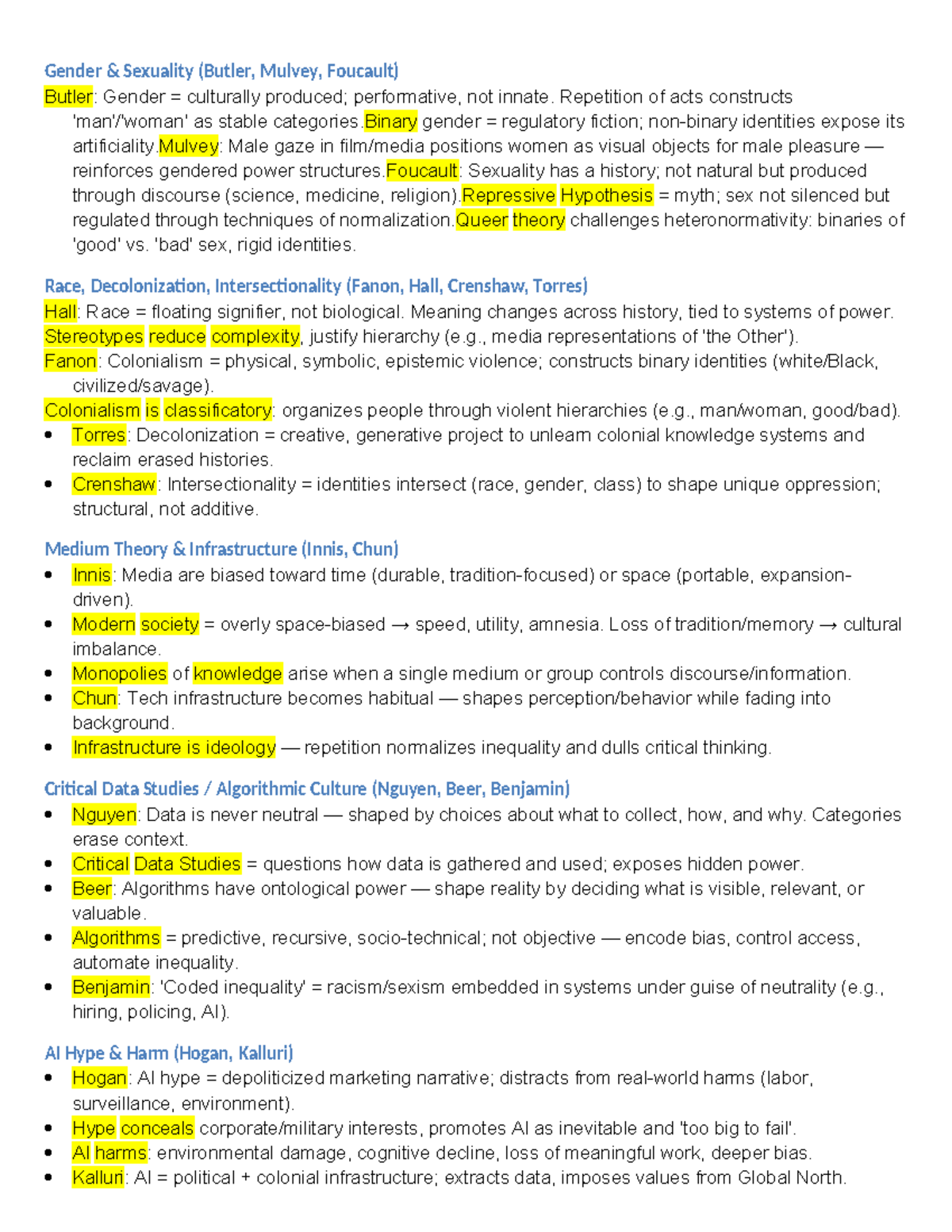 MIT2200G Final Exam Cheat Sheet: Gender, Race, and Media Theories - Studocu