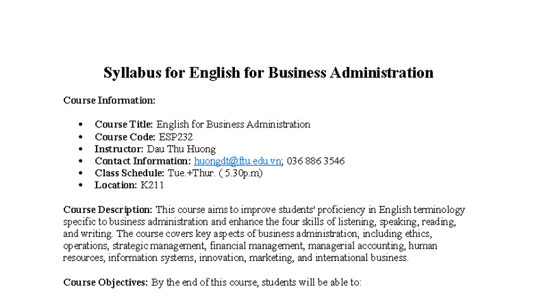 Syllabus for ESP232: English for Business Administration Course - Studocu