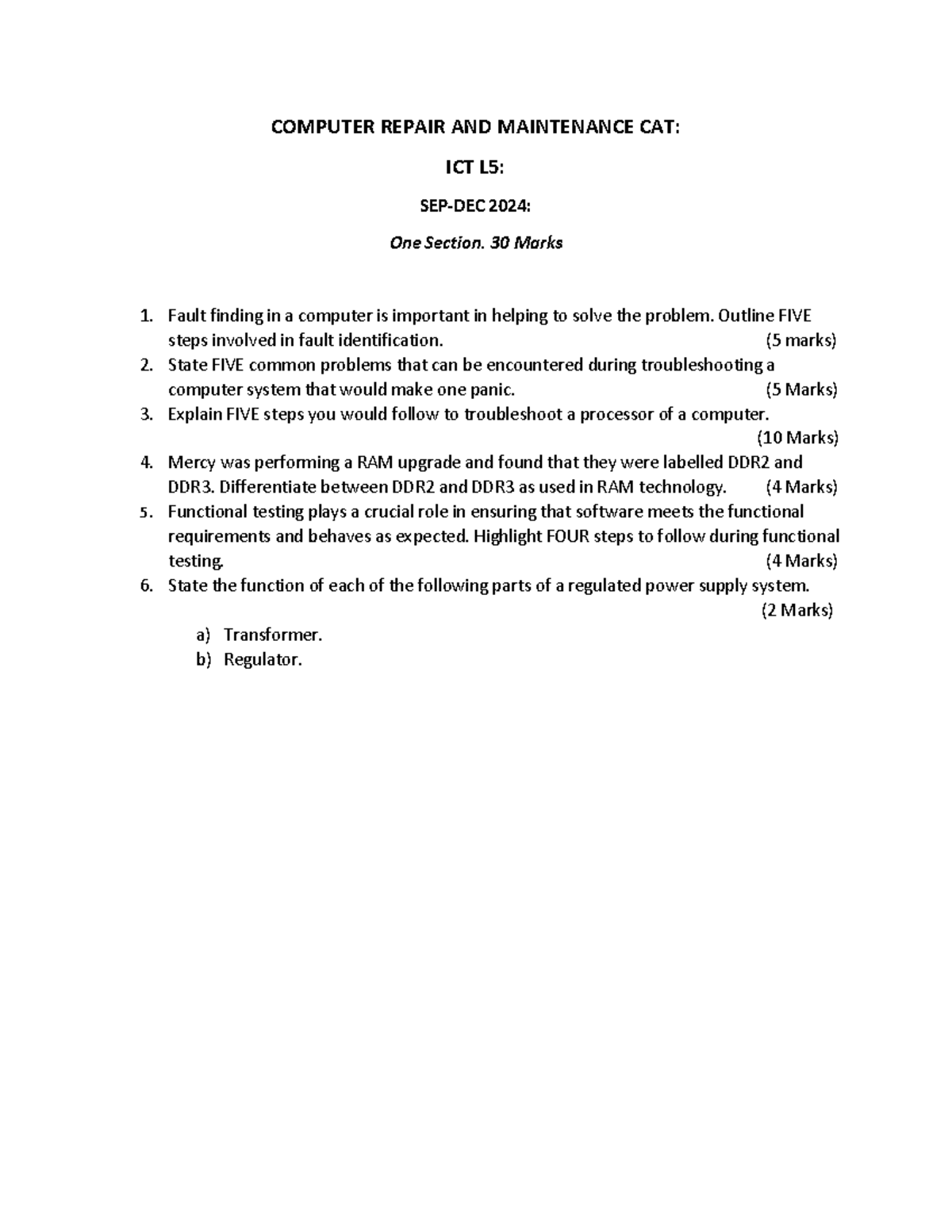 COMPUTER REPAIR AND MAINTENANCE CAT: ICT L5: 2024 - Continuous Assessment - Studocu