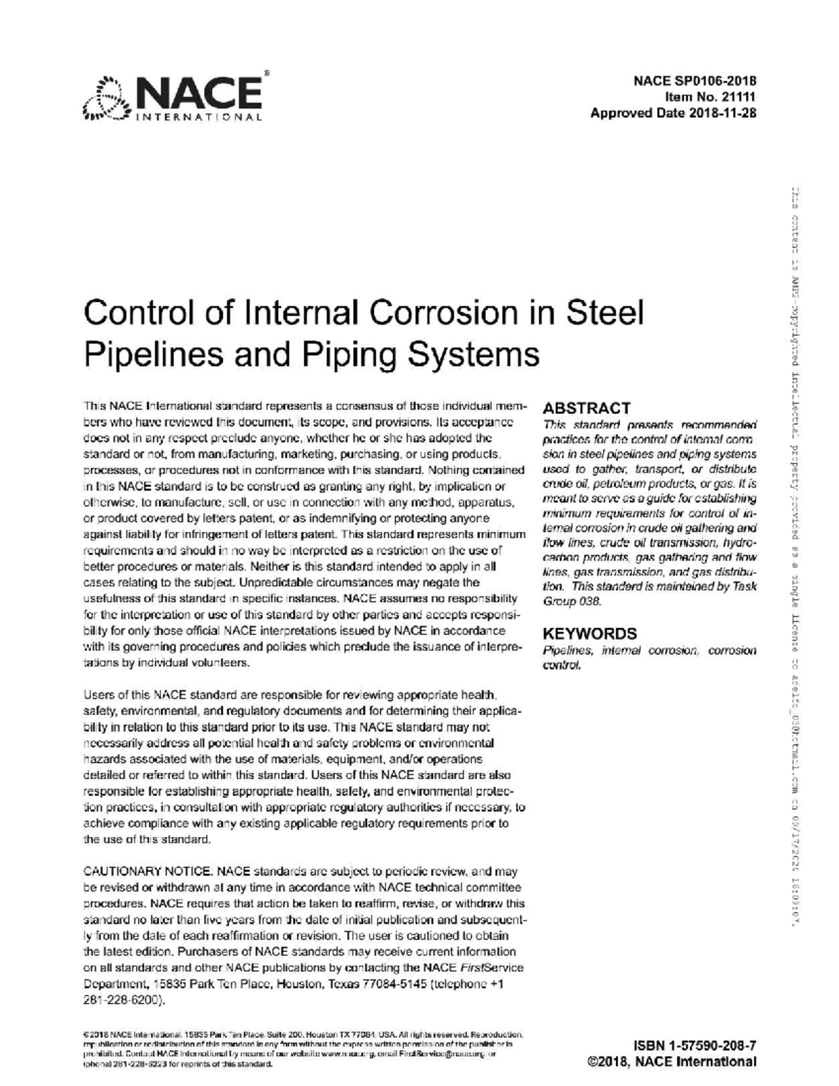 NACE SP106: Control of Internal Corrosion in Steel Pipelines - Studocu