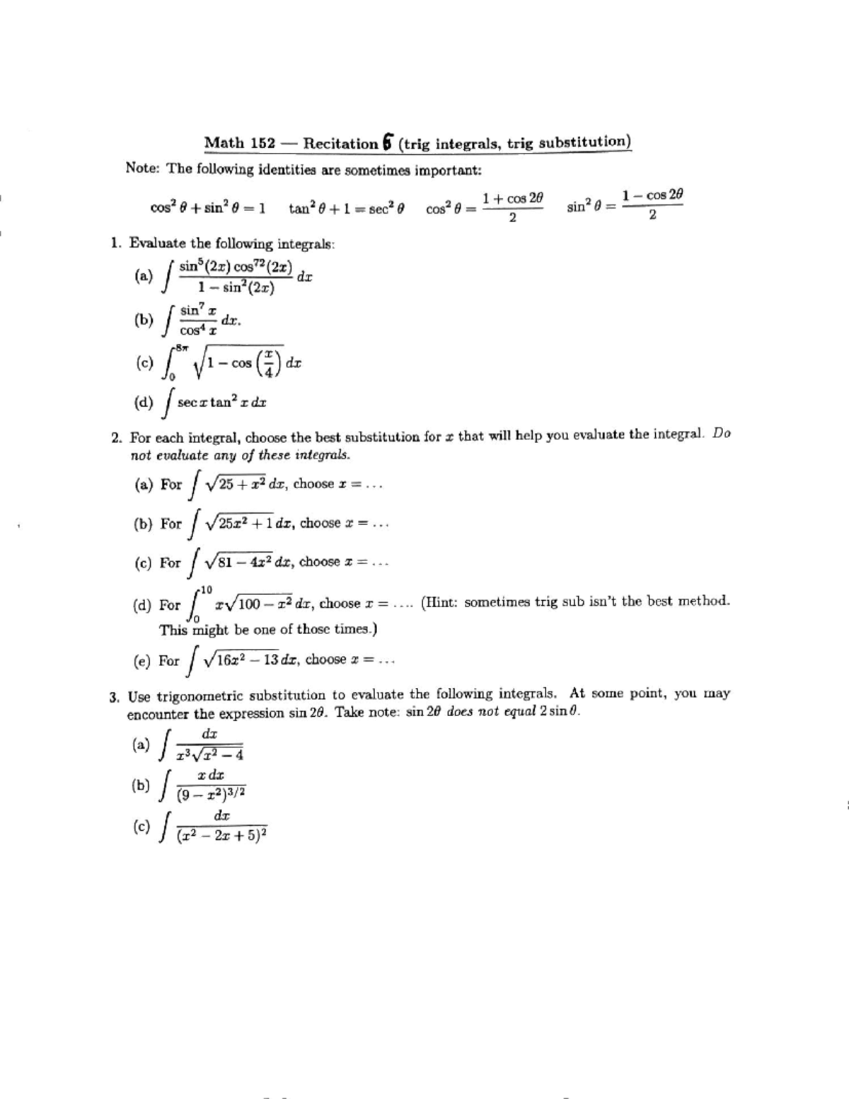 Math 152 Recitation 6 - Trig Integrals & Substitution Practice - Studocu