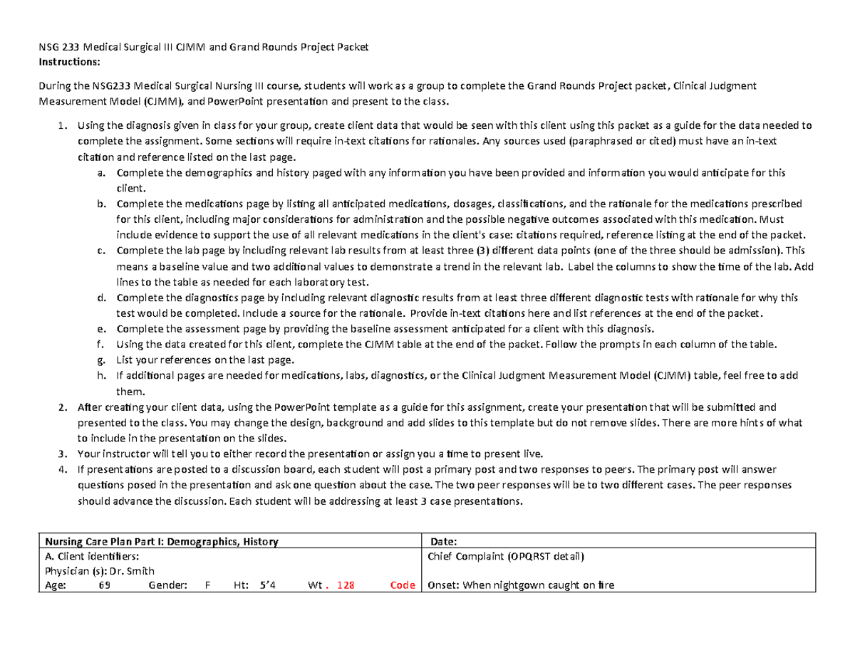 NSG233 Grand Rounds Care Plan & Clinical Judgment Model Guide - Studocu