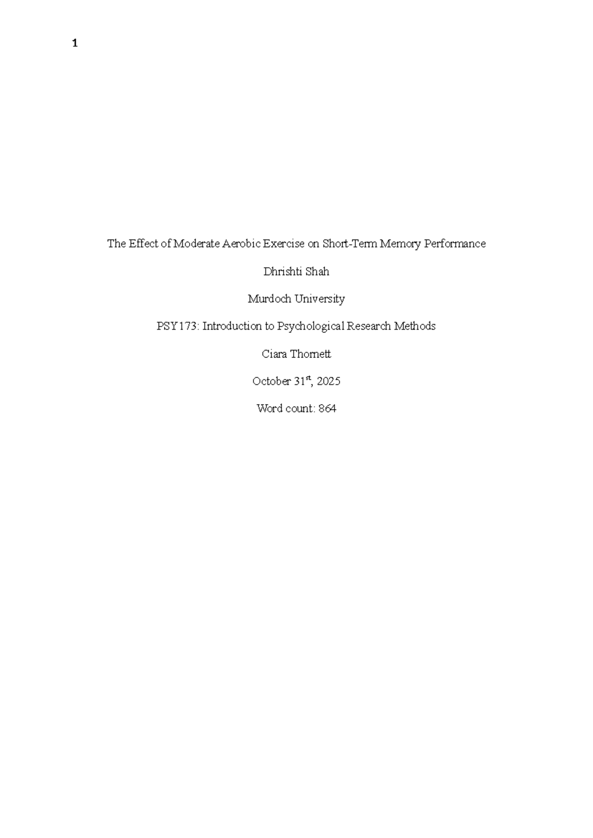 PSY173 Lab Report: Impact of Moderate Aerobic Exercise on Memory ...