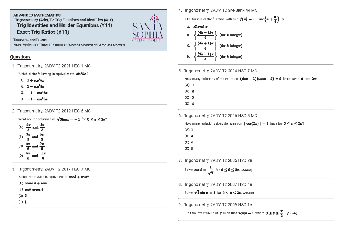 Advanced Mathematics Trigonometry Review: 2ADV T2 Exam Prep - Studocu