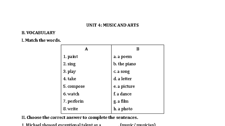 G7 UNIT 4: MUSIC AND ARTS VOCABULARY & GRAMMAR EXERCISES - Studocu
